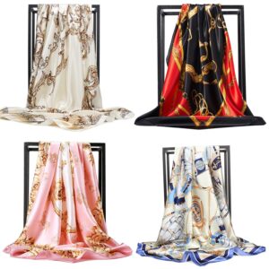 nuweerir 4pc mixed womens large square scarf set silk feeling satin hair wrapping 35x35 inches (set 10)