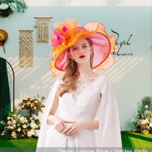 Z&X Women's Organza Church Fascinator Hair Clip Bridal Wedding Tea Party Hat Wide Brim Anti-UV Sun Hat Orange Rose