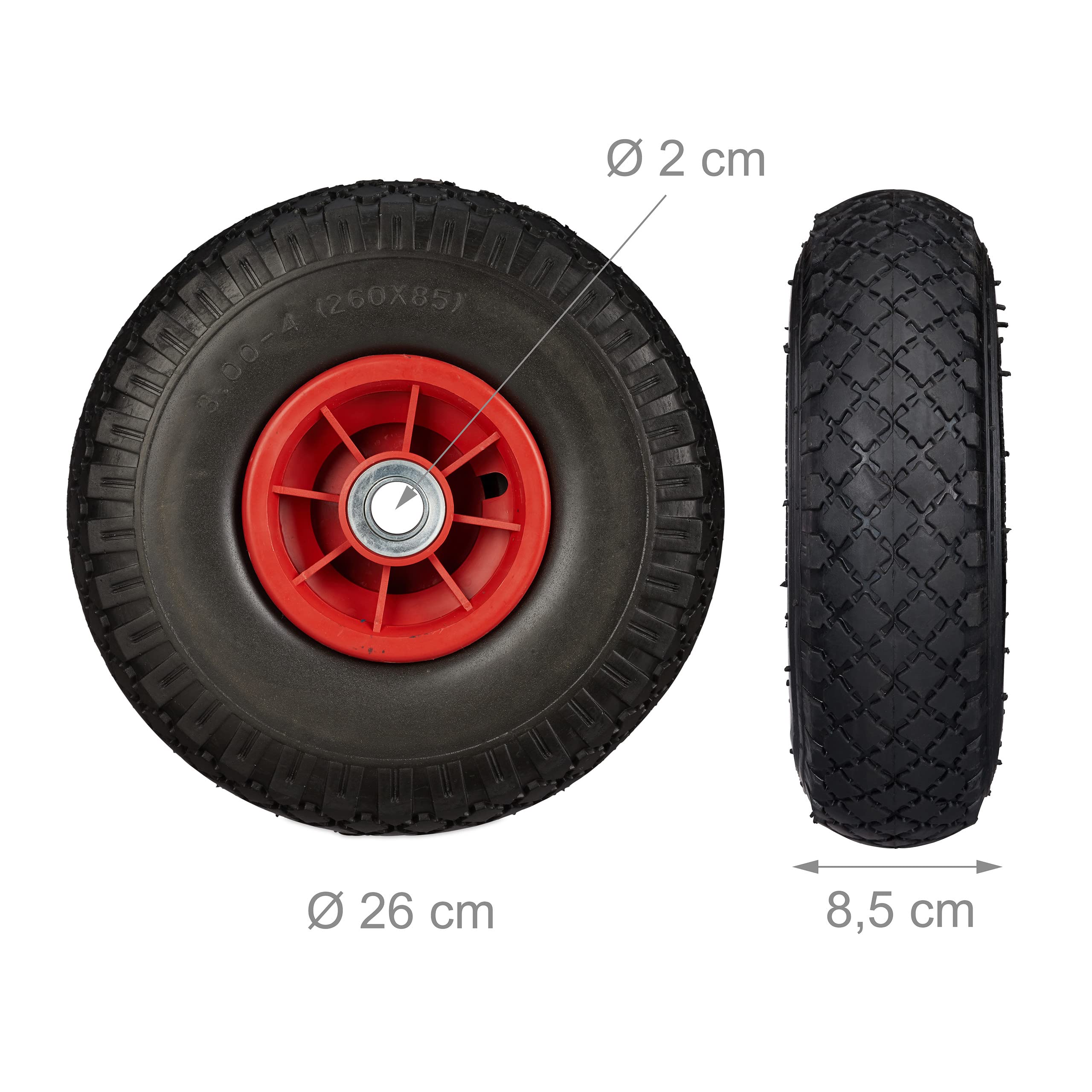 Relaxdays 10026068_261, Black-Red 2 x Hand Truck Tyre, Non-Flat Solid Rubber Wheels, 3.00-4”, 20mm Axle, 80 kg, 260 x 85 mm