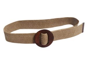 women's summer straw wide waistband wood buckle elastic casual adjustable belt (beige)