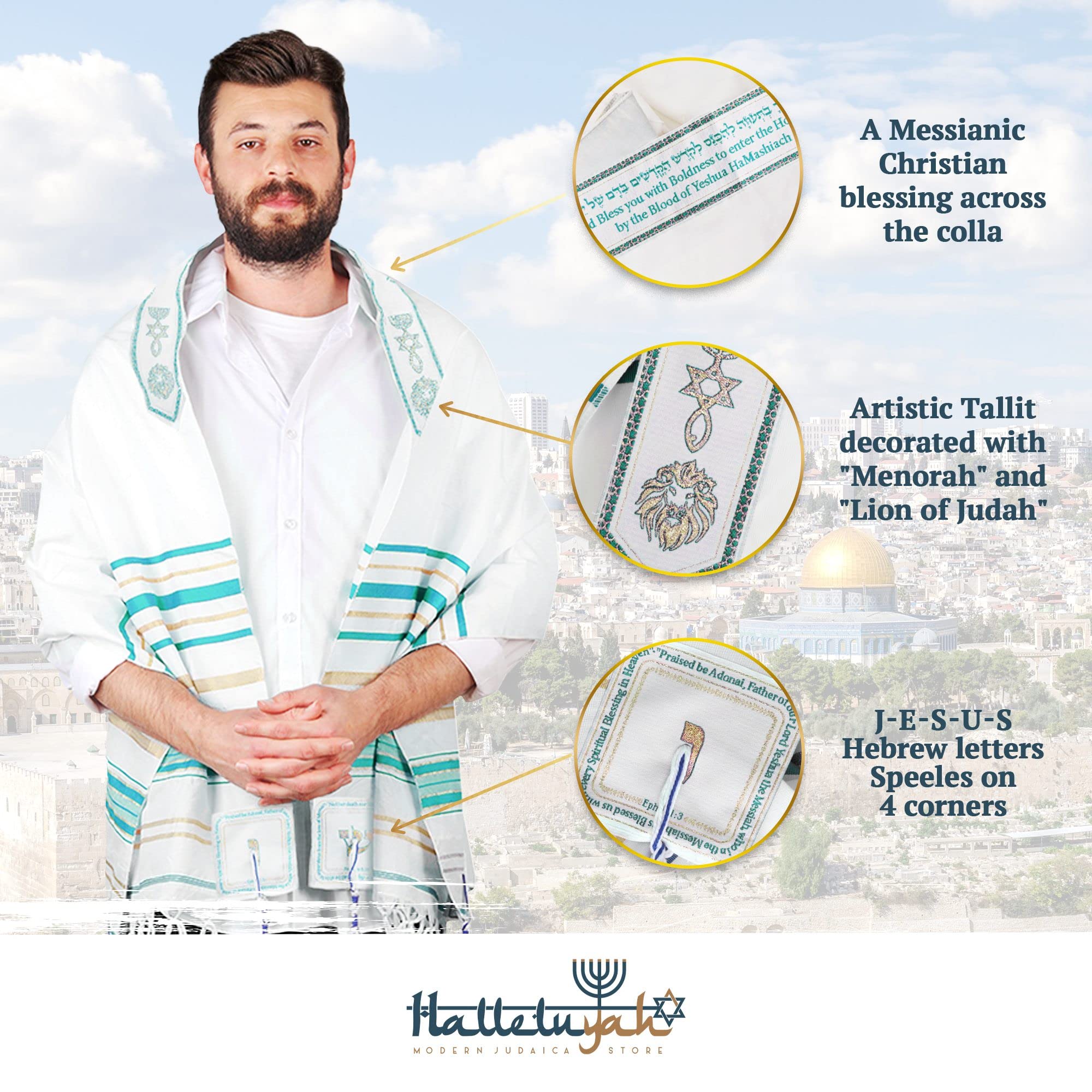 HalleluYAH Messianic Tallit Prayer Shawl 72"x 22" with Bag For Men & Women | Designed in Israel