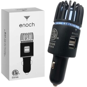 enoch ionic car air purifier with dual usb car charger. car air freshener eliminates odor, dust. removes smoke, pet and food odor. ionic ozone car deodorizer (matt black)