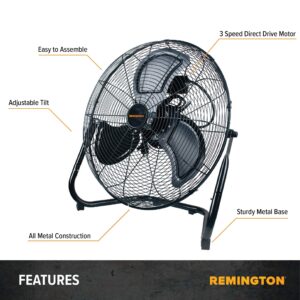 Remington 20" Industrial High Velocity Floor Fan with 3 Speed Settings and Pivoting Head. Use for Shop, Garage or Warehouse. All Metal Construction (20REM-F)