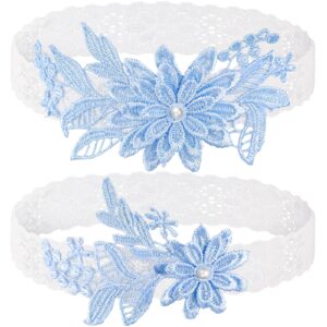 2 pieces wedding garters for bride sexy lace leg garter belt hand sewn faux pearls bride garter set(sky blue)