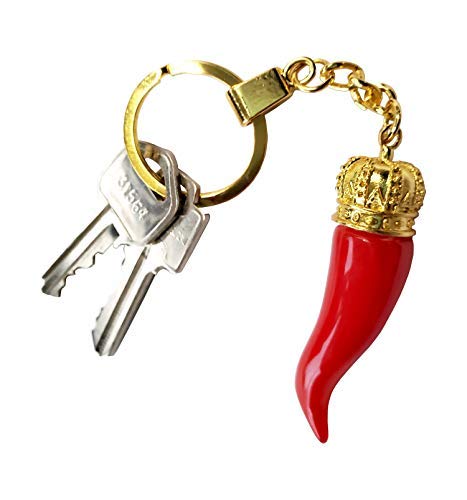 Italian Red Horn with Gold Chain Keychain – Italy Collection of Key Rings & Fobs Great Chili Pepper Charm Rear View Mirror