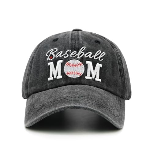 Waldeal Baseball Mom Ponytail Hats for Women, Adjustable Embroidered Washed Messy Bun Ponycap for Mama Black