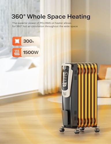 PELONIS Champagne Oil Filled Radiator Heater with Remote and Thermostat, 5 Temperature Settings for indoor use Large Room, Energy Efficient Electric Space heater with Safety Features