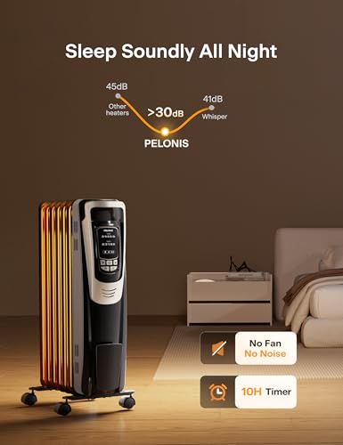 PELONIS Champagne Oil Filled Radiator Heater with Remote and Thermostat, 5 Temperature Settings for indoor use Large Room, Energy Efficient Electric Space heater with Safety Features