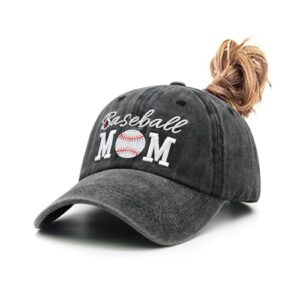 waldeal baseball mom ponytail hats for women, adjustable embroidered washed messy bun ponycap for mama black