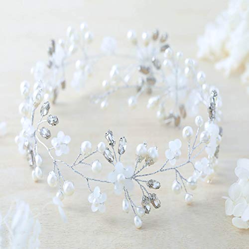 Unicra Flower Bride Wedding Hair Vine Crystal Bridal Headbands Flower Girls Headpiece Pearl Hair Accessories for Women and Girls (Silver)