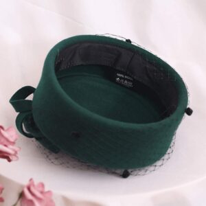 Z&X British Vintage Wool Felt Pillbox Hat Ladies Church Derby Winter Fascinator Hat Veil Flower Fedoras Green