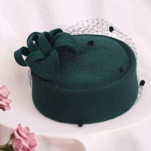 Z&X British Vintage Wool Felt Pillbox Hat Ladies Church Derby Winter Fascinator Hat Veil Flower Fedoras Green