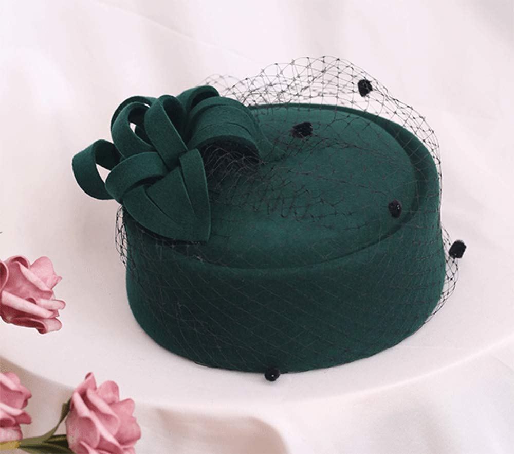 Z&X British Vintage Wool Felt Pillbox Hat Ladies Church Derby Winter Fascinator Hat Veil Flower Fedoras Green