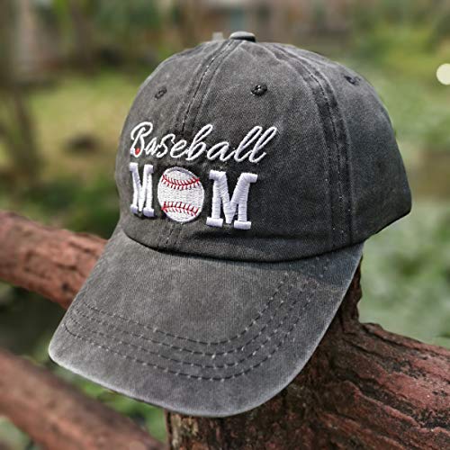 Waldeal Baseball Mom Ponytail Hats for Women, Adjustable Embroidered Washed Messy Bun Ponycap for Mama Black