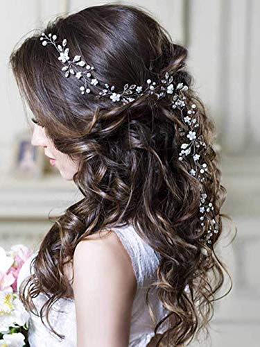 Unicra Flower Bride Wedding Hair Vine Crystal Bridal Headbands Flower Girls Headpiece Pearl Hair Accessories for Women and Girls (Silver)