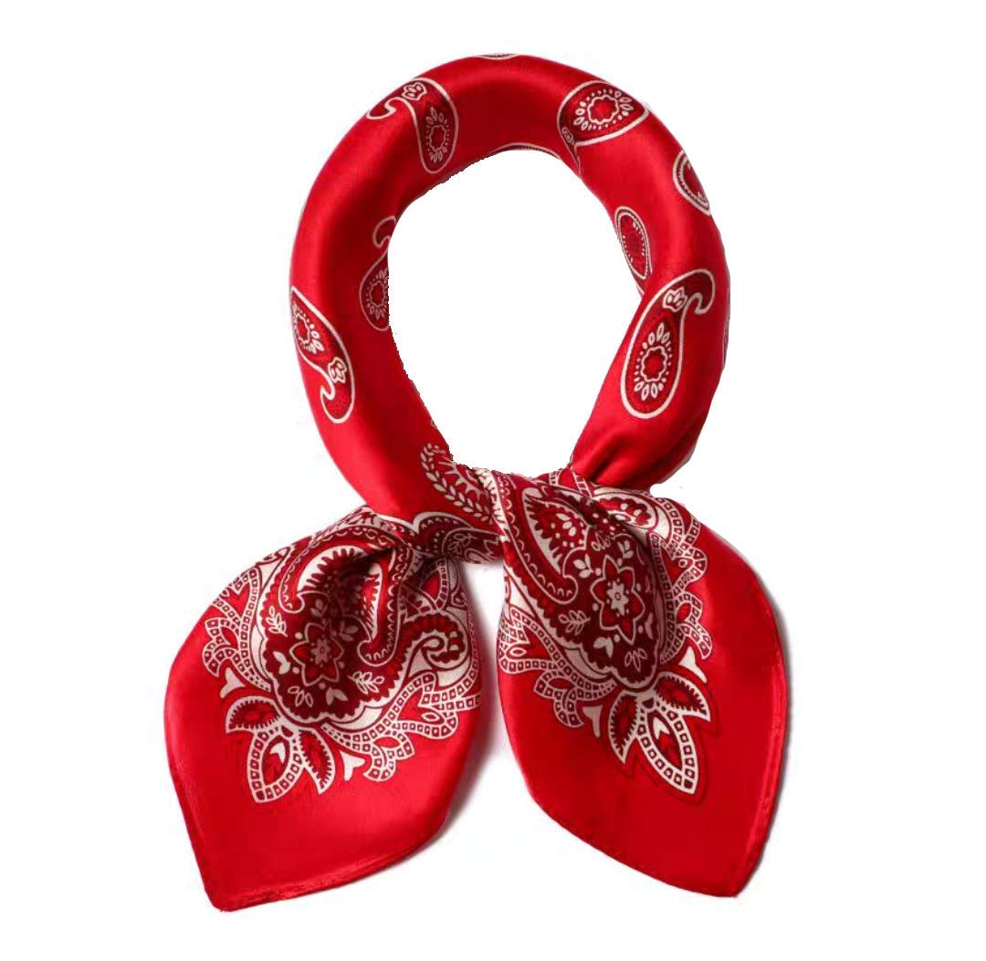 ANDANTINO 100% Real Mulberry Silk Scarf -21'' x 21''- Lightweight Neckerchief –Women Men Small Square Digital Printed Scarves (Red Paisley)