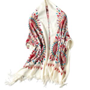 Urban CoCo Women's Embroidered Oversize Tassel Shawl Scarf Wraps for Women(Beige)