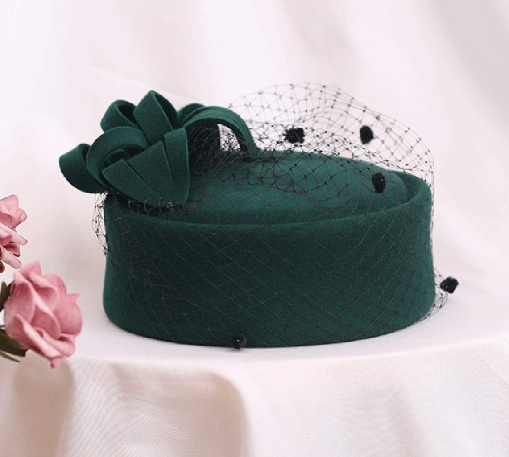 Z&X British Vintage Wool Felt Pillbox Hat Ladies Church Derby Winter Fascinator Hat Veil Flower Fedoras Green