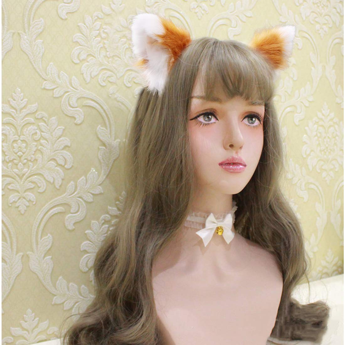 Fxaelian Animal Anime Faux Fur Fox Wolf Cat Dog Ears Headband Halloween Cosplay Costume Party Headbands Headpiece for Women Men Adult Light Brown