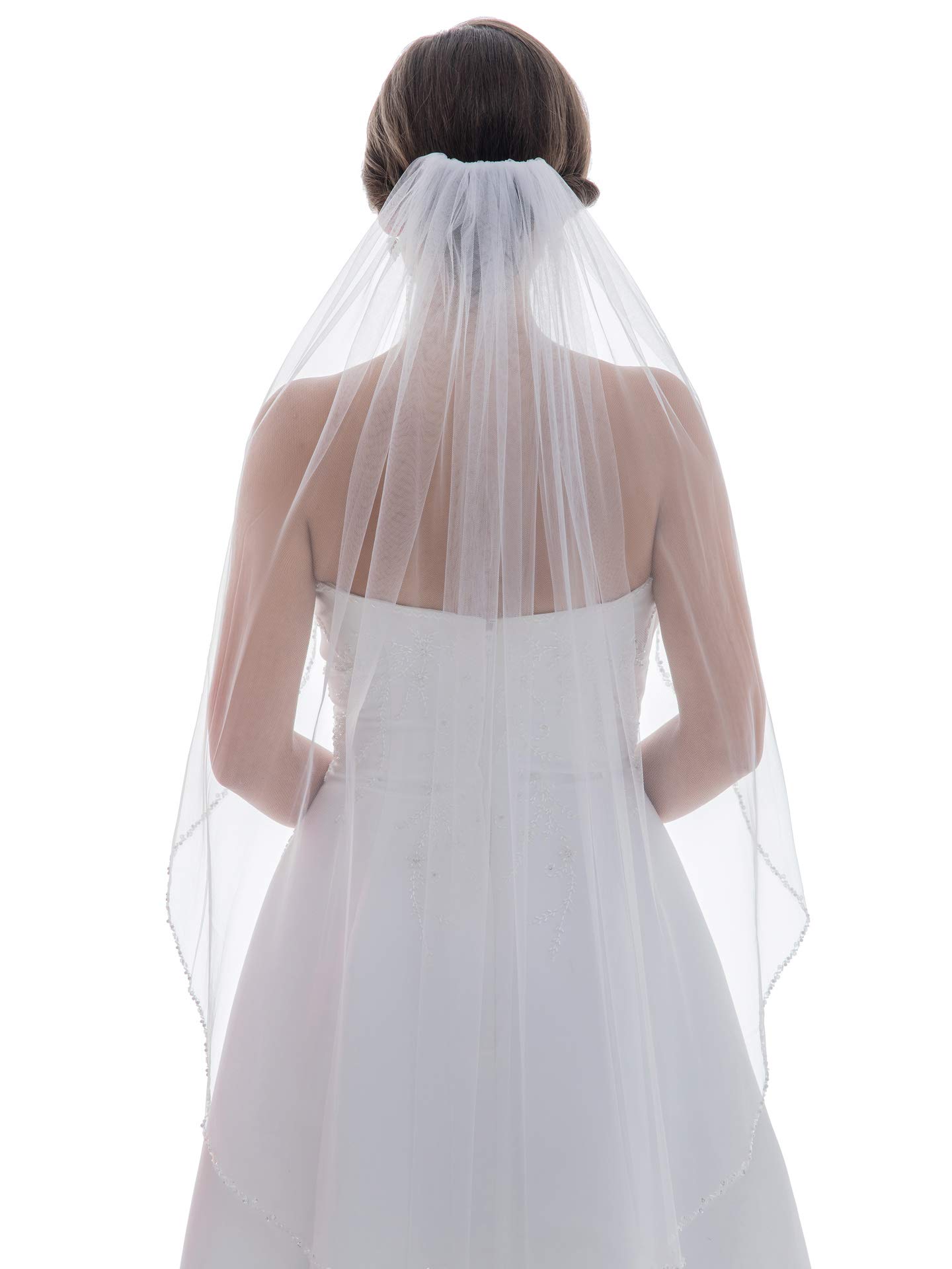 SAMKY 1T 1 Tier Crystal Pearl Beaded Edge Bridal Wedding Veil - White Fingertip Length 36" V575