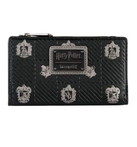 loungefly x harry potter hogwarts houses crests bifold wallet (black multi, one size)