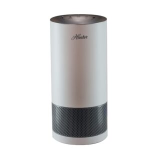 hunter fan company hp400 round tower air purifier for small rooms, featuring true hepa filtration and ecosilver® pre-filter for allergy and asthma relief, white and silver