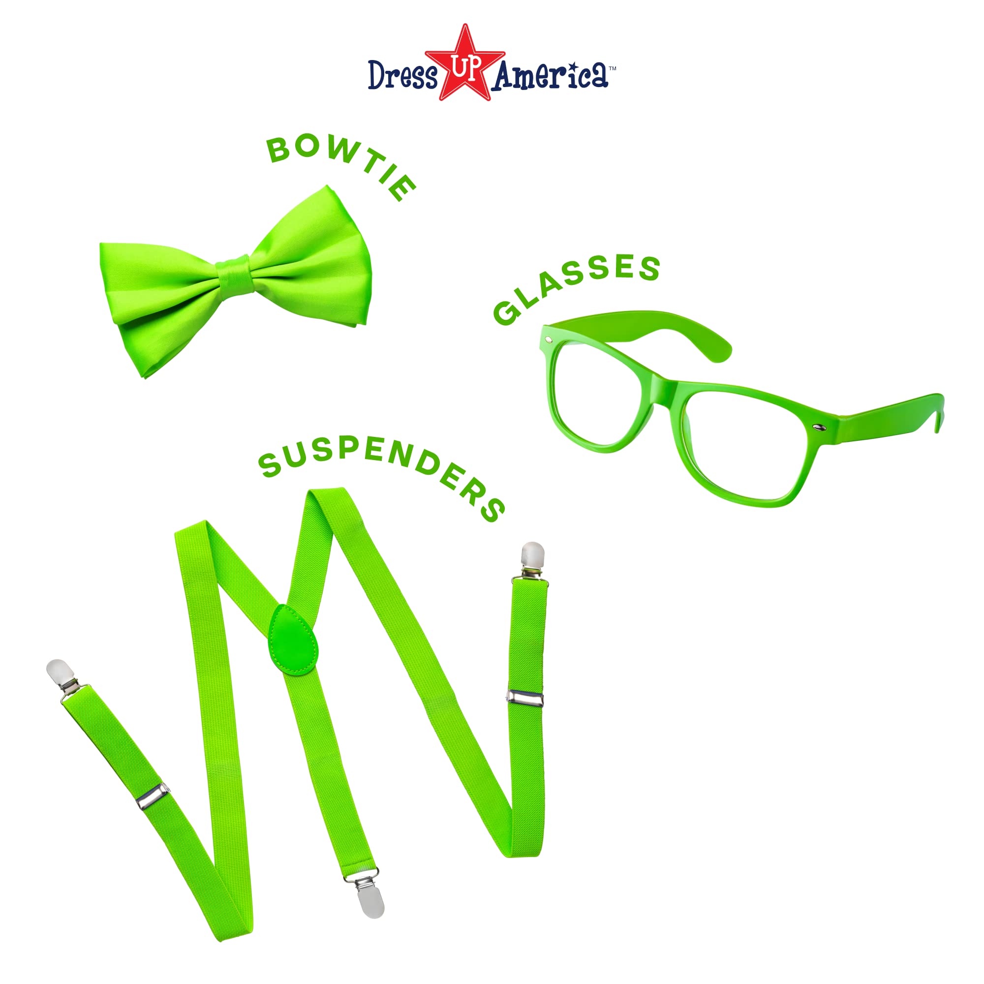 Dress Up America Neon Suspender, Bow-tie, Sunglasses, Accessory Set - Adult and Kids Size Suspenders