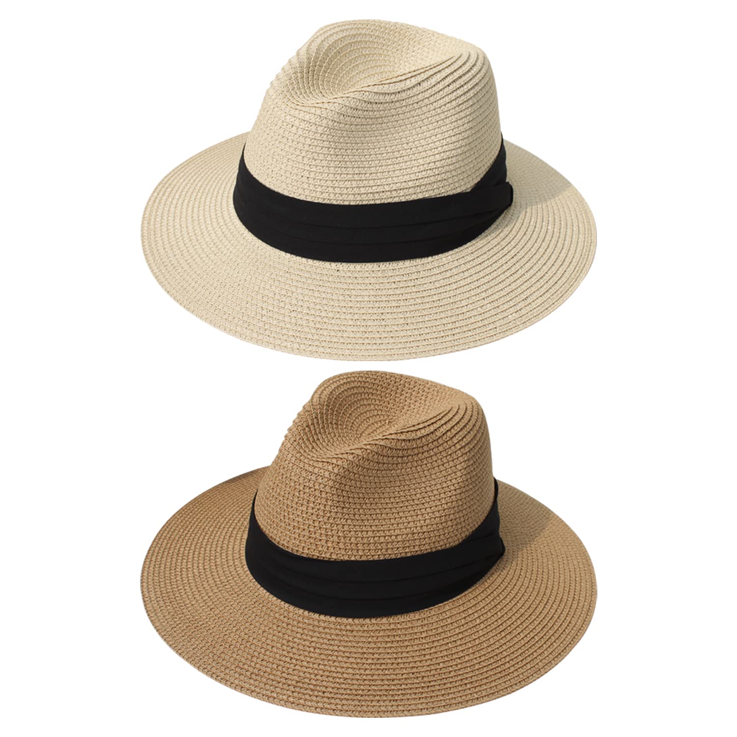 DRESHOW Women Straw Panama Hat Travel Fedora Beach Sun Hat Summer Wide Brim Straw Roll up Hat UPF 50+