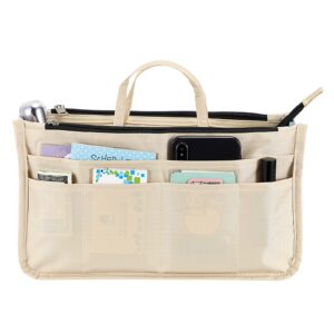 btsky printing handbag organizers inside purse insert - high capacity 13 pockets bag tote organizer with handle beige