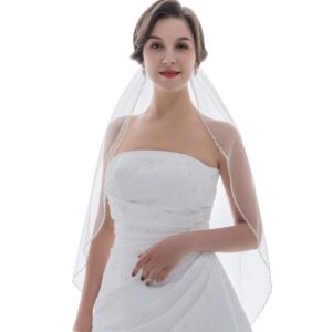 SAMKY 1T 1 Tier Crystal Pearl Beaded Edge Bridal Wedding Veil - White Fingertip Length 36" V575