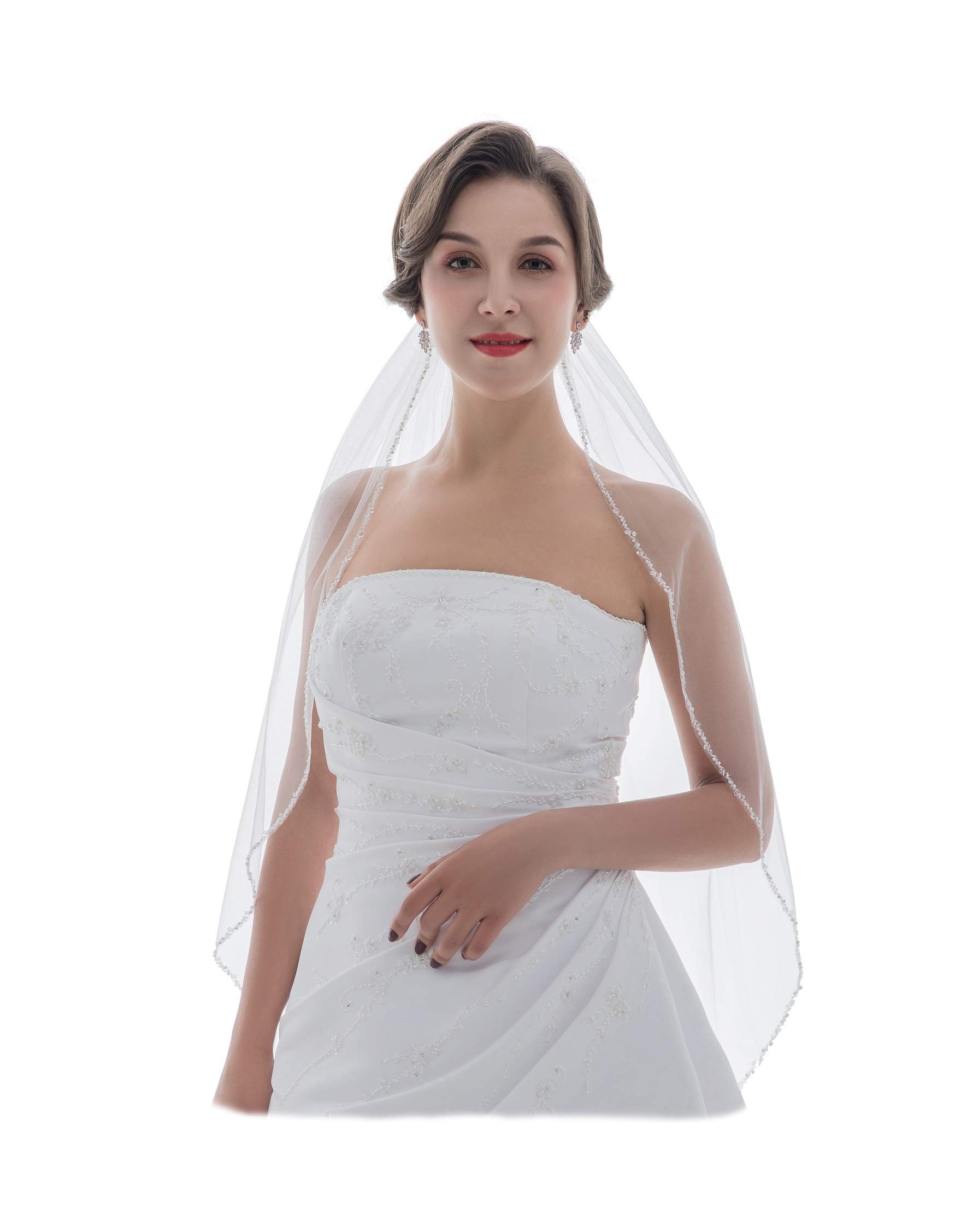 SAMKY 1T 1 Tier Crystal Pearl Beaded Edge Bridal Wedding Veil - White Fingertip Length 36" V575