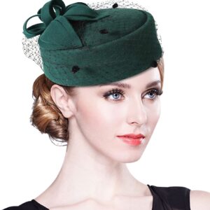 Z&X British Vintage Wool Felt Pillbox Hat Ladies Church Derby Winter Fascinator Hat Veil Flower Fedoras Green