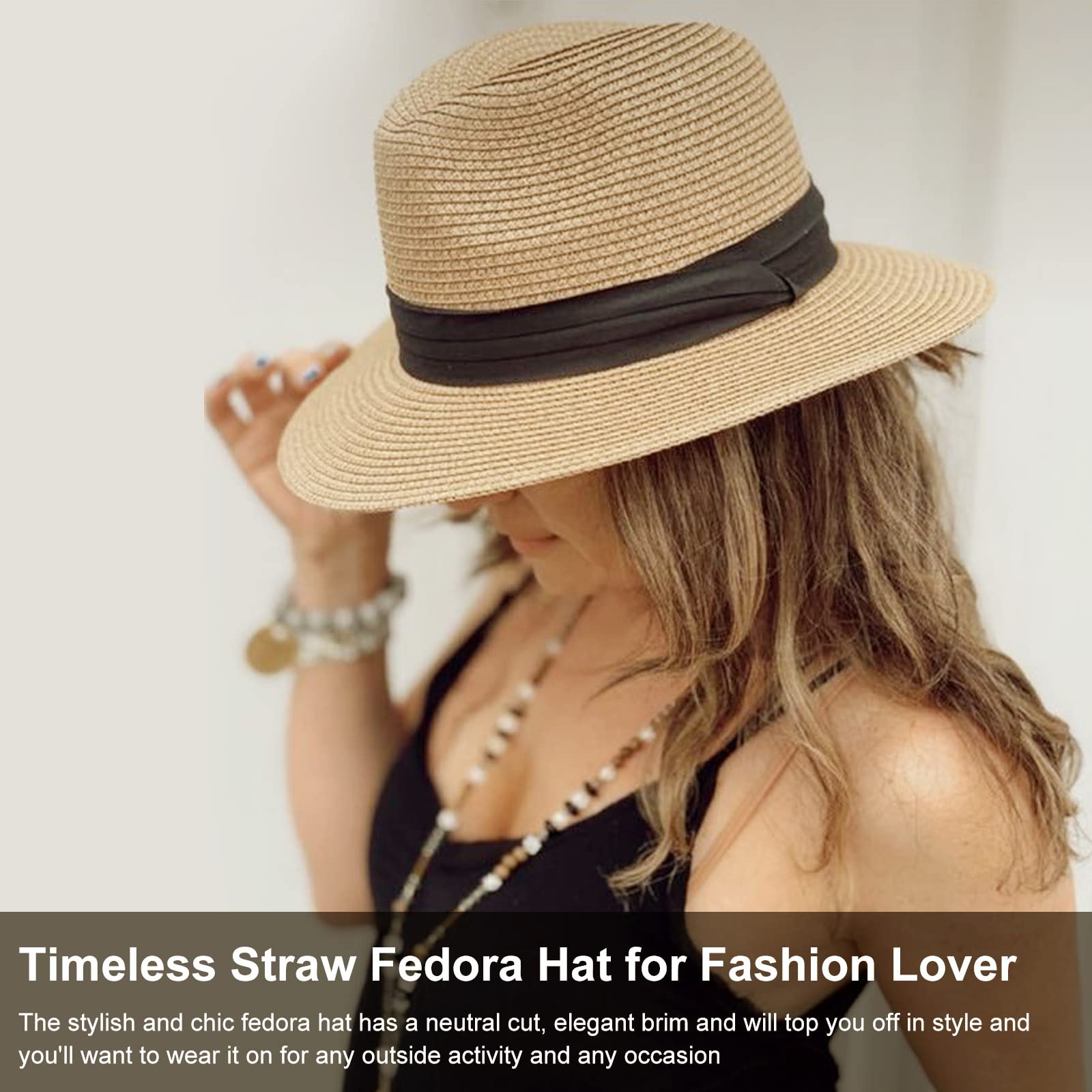 DRESHOW Women Straw Panama Hat Travel Fedora Beach Sun Hat Summer Wide Brim Straw Roll up Hat UPF 50+