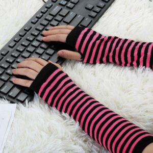 Allegra K Women's Fingerless Gloves Printed Elbow Length Knitted Arm Warmers One Size Black With Pink