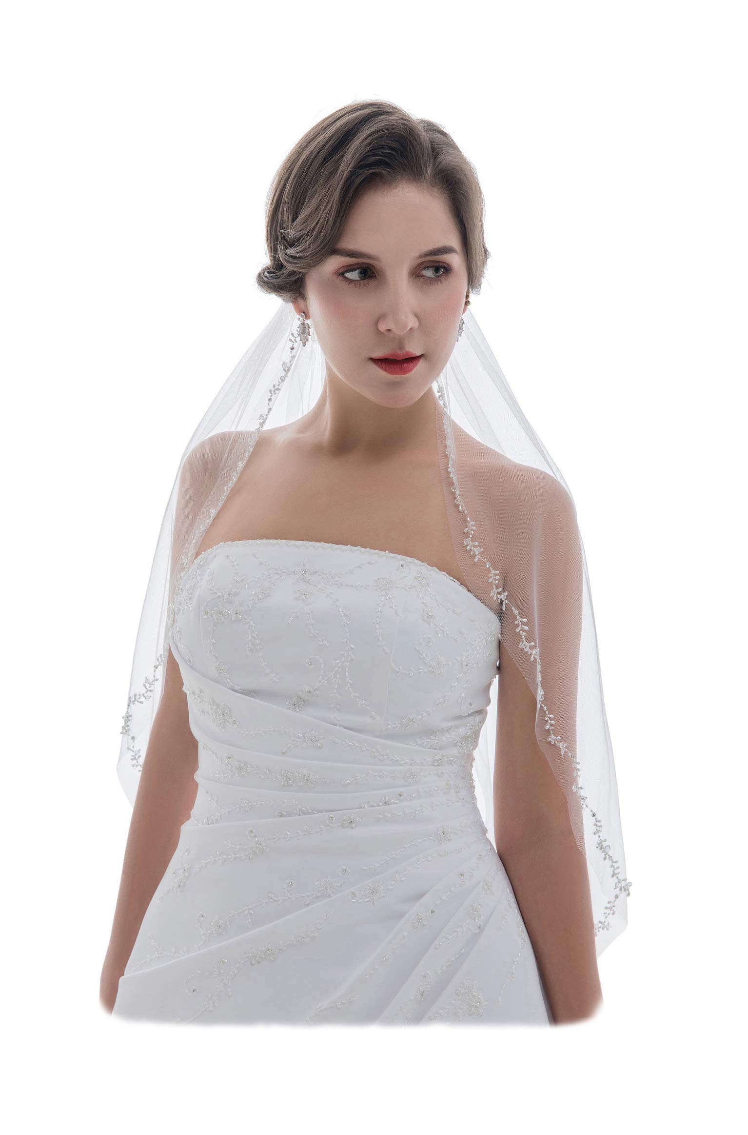 SAMKY 1T 1 Tier Offset Floral Vine Edge Crystal Pearl Veil - Light Ivory Elbow Length 30" V578