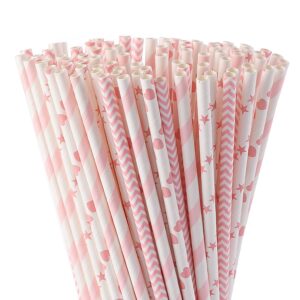 alink biodegradable pink paper straws, pack of 100 party straws for juice, cocktail, smoothies, birthday, wedding, bridal/baby shower and christmas decorations