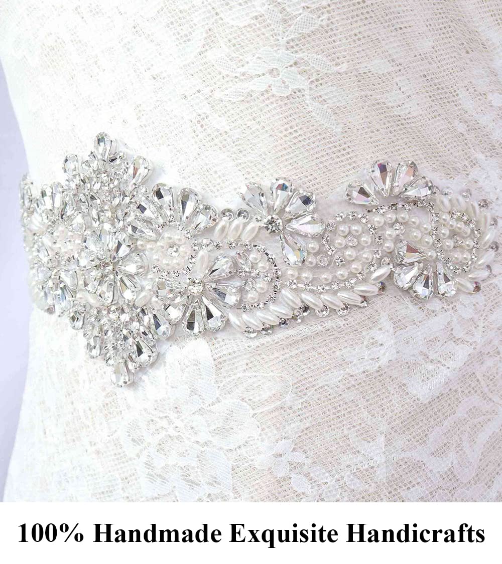 Pardecor Belt with Rhinestone Bridal Wedding Dress Belt Silver Crystal Rhinestone Pearl Belts Beaded Women's sash for Bridesmaid Gowns