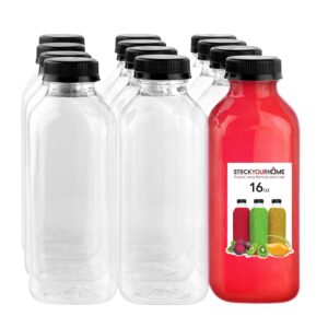 empty plastic juice bottles bulk with caps for juicing & smoothies, reusable clear , 16 ounce drink containers for mini fridge, juicer shots, small 16 oz (12 pack)