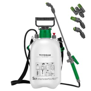 vivosun 1.3 gallon pump pressure sprayer, 5l pressurized lawn & garden water spray bottle with 3 water nozzles, adjustable shoulder strap, pressure relief valve, for plants and cleaning