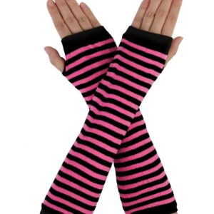 Allegra K Women's Fingerless Gloves Printed Elbow Length Knitted Arm Warmers One Size Black With Pink