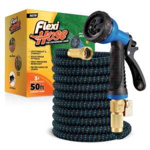 flexi hose with 8 function nozzle expandable garden hose, lightweight & no-kink flexible garden hose, 3/4 inch solid brass fittings and double latex core, 50 ft blue black