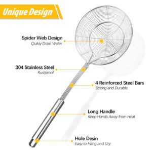 Pack of 2 Large Spider Strainer, Stainless Steel Skimmer Basket,Kitchen Ladle Strainers,Mesh Spoons with Long Handle, Cooking Tools for Frying, Boiling Noodles, Dumplings, Pasta