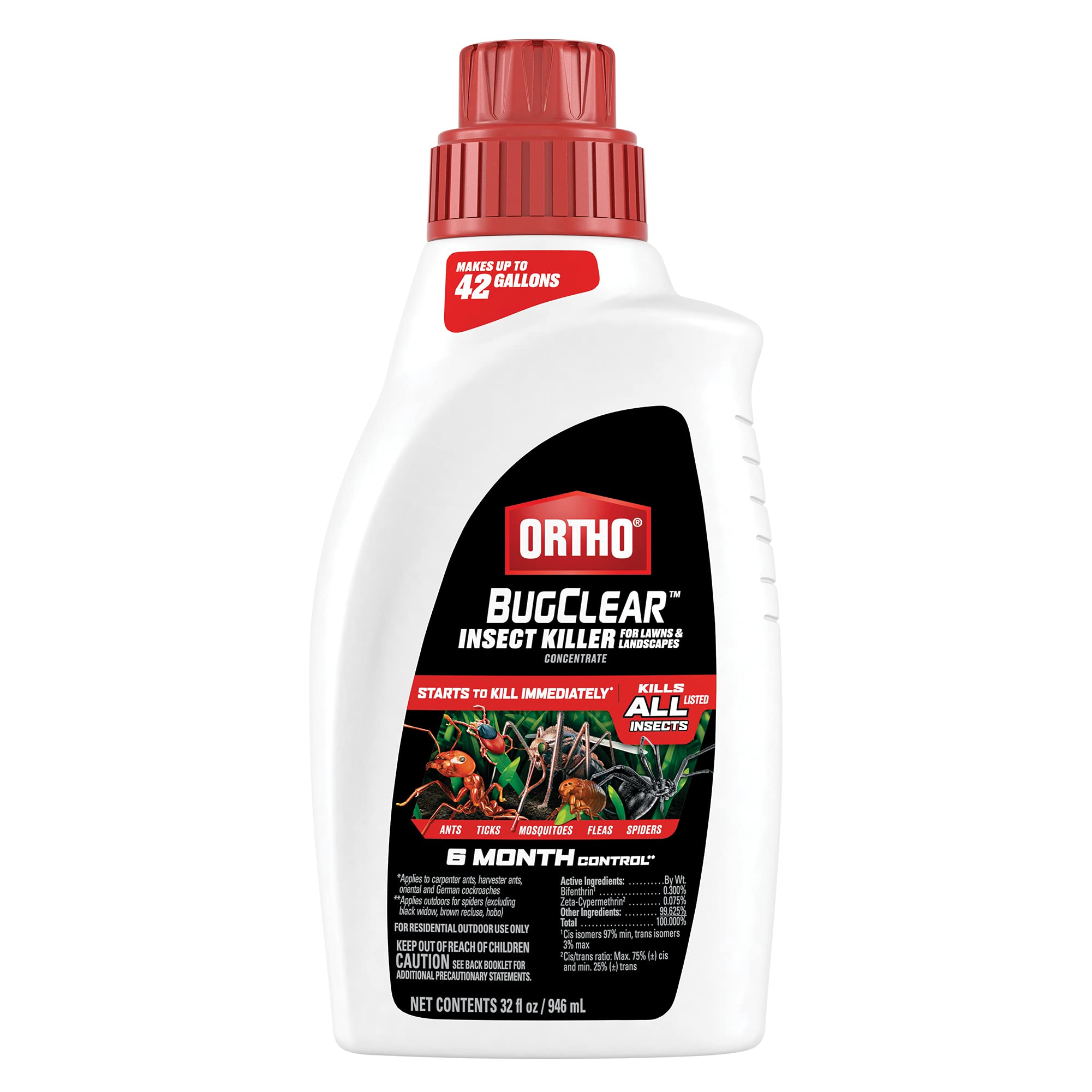 Ortho BugClear Insect Killer for Lawns & Landscapes Concentrate - Kills Periodical Cicadas, Mosquitoes, Ants, Spiders, Fleas, Ticks & More, Outdoor Bug Spray with Long Lasting Control, 32 oz.