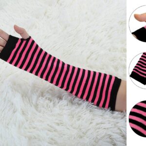 Allegra K Women's Fingerless Gloves Printed Elbow Length Knitted Arm Warmers One Size Black With Pink