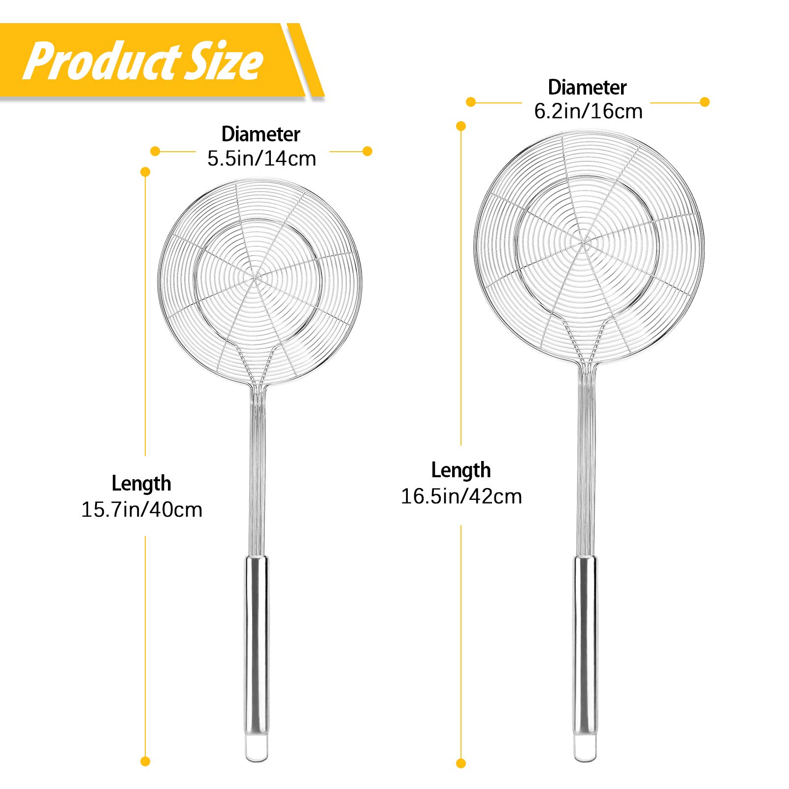 Pack of 2 Large Spider Strainer, Stainless Steel Skimmer Basket,Kitchen Ladle Strainers,Mesh Spoons with Long Handle, Cooking Tools for Frying, Boiling Noodles, Dumplings, Pasta