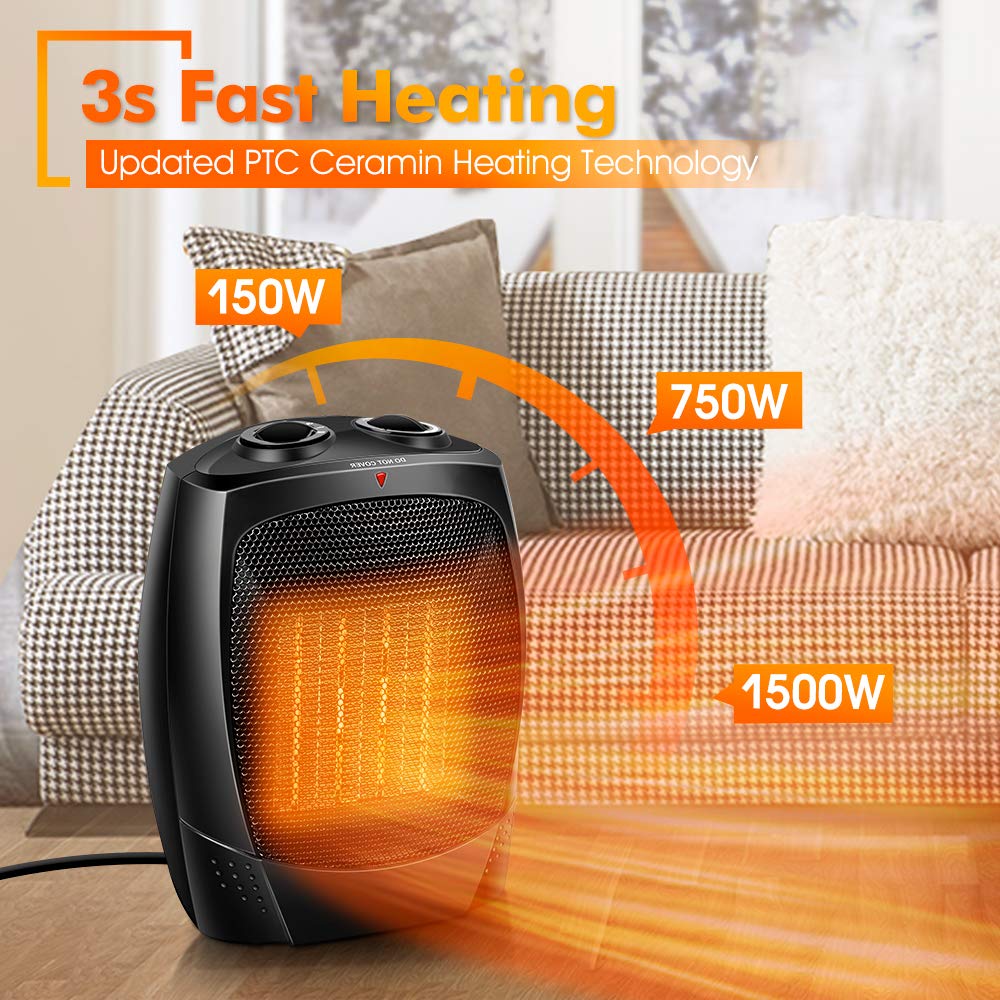 Space Heater, 1500W Ceramic Desk Space Heaters for Indoor Use, 3s Fast Heating Electric Space Heater, 3 Modes, Tip-over & Overheat Protection, Portable Small Heater for Room Office Home