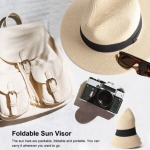 DRESHOW Women Straw Panama Hat Travel Fedora Beach Sun Hat Summer Wide Brim Straw Roll up Hat UPF 50+