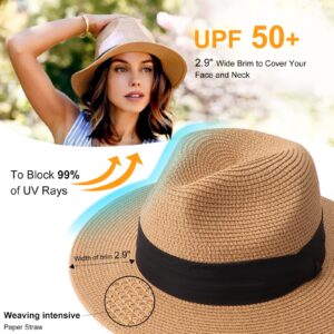 DRESHOW Women Straw Panama Hat Travel Fedora Beach Sun Hat Summer Wide Brim Straw Roll up Hat UPF 50+