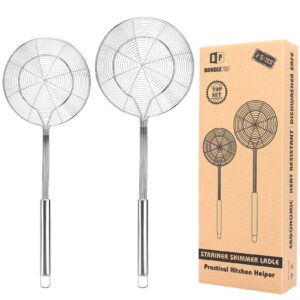 pack of 2 large spider strainer, stainless steel skimmer basket,kitchen ladle strainers,mesh spoons with long handle, cooking tools for frying, boiling noodles, dumplings, pasta