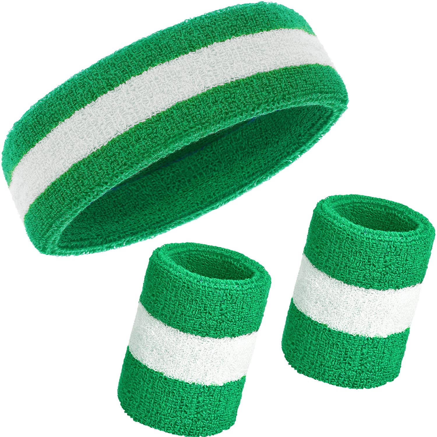 6 Pcs Terry Cloth Rainbow Sweatbands Set - 2 Headbands, 4 Wristbands for Men Women, Gym, Sports, LGBT Pride Parade (Green and White)